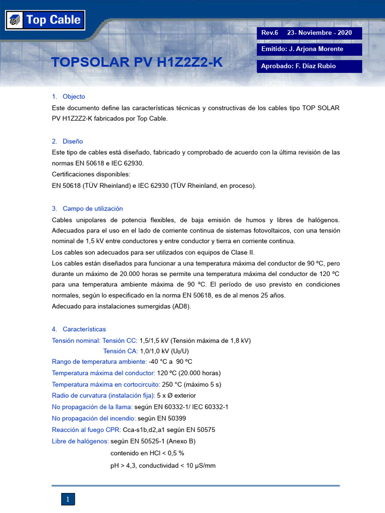 TOPCABLE - H1Z2Z2-K SOLAR 1500 DC - Rev6 + Certificados | PDF | Energia electrica ...