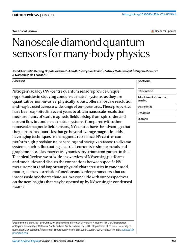 Nanoscale Diamond Quantum Sensors For Many-Body Physics | PDF ...