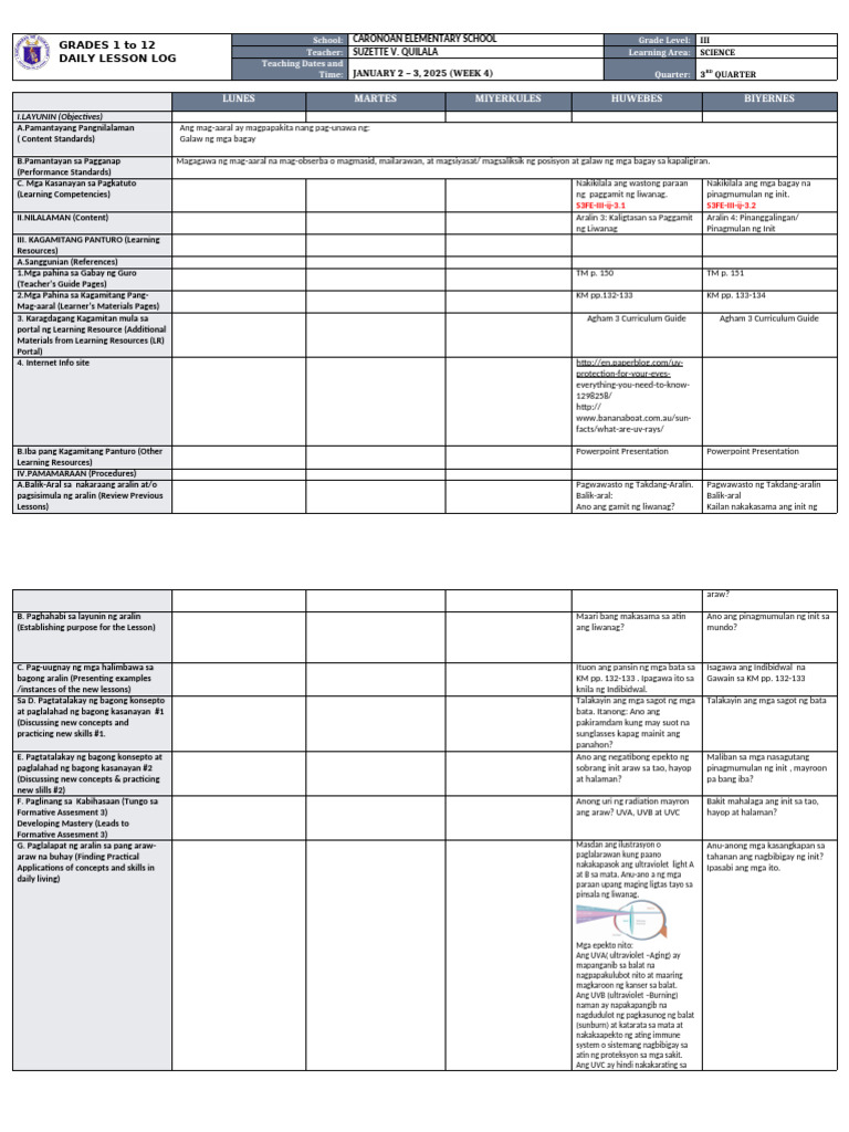 DLL - Science 3 - Q3 - W4 | PDF