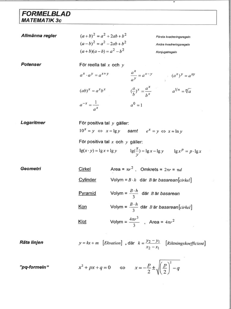 Formelblad Ma 3c Ht23 | PDF