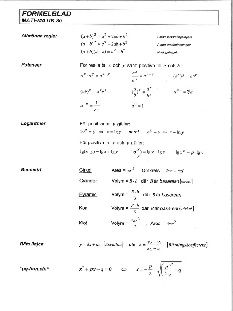 Formelsamling Matte Och Fysik v2021 Februari | PDF
