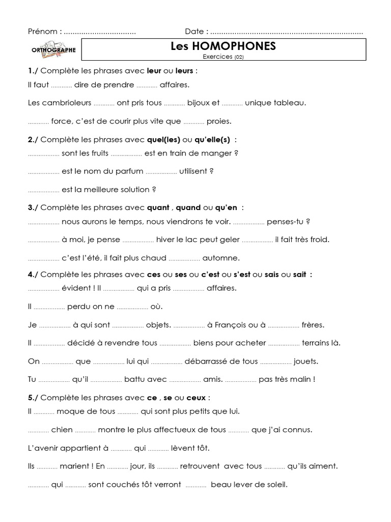 Exercices sur les homophones en français | PDF