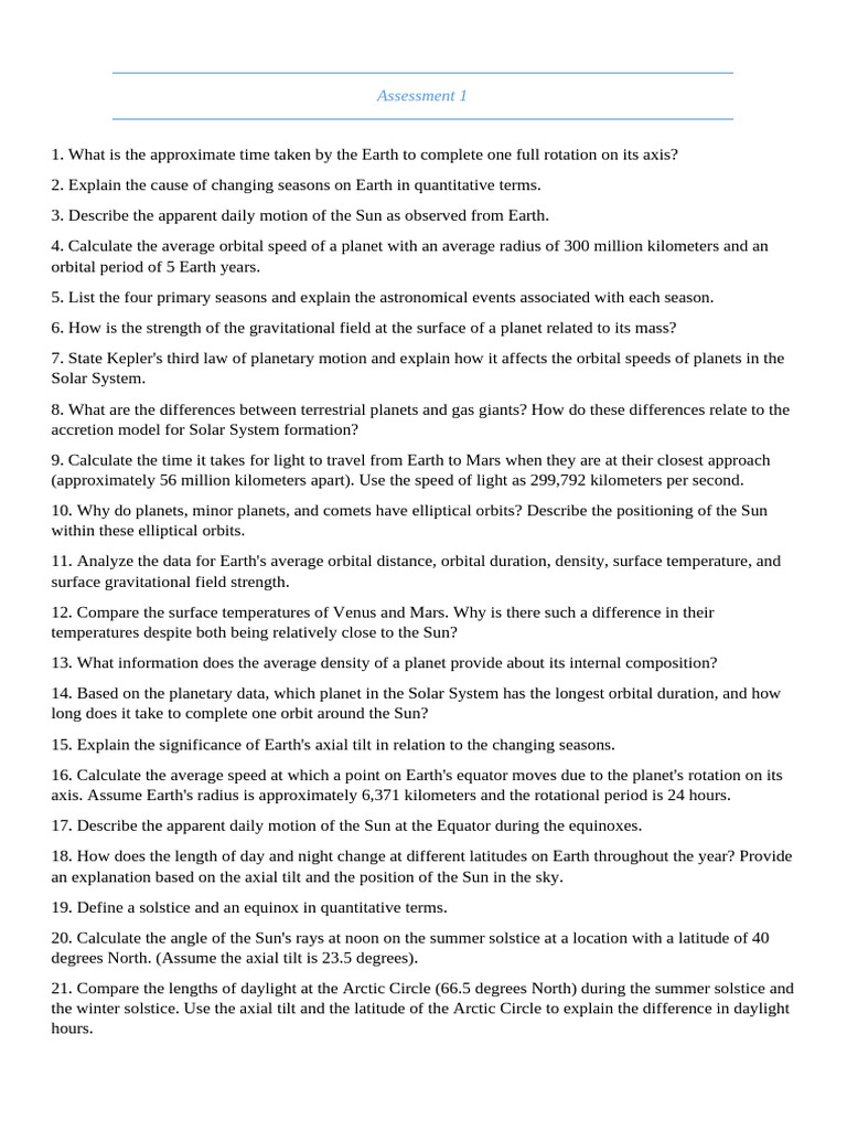Space Physics Assessment 1 | PDF | Planets | Solar System