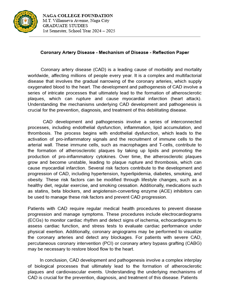 Coronary Artery Disease - Reflection Paper - Reodique | PDF ...