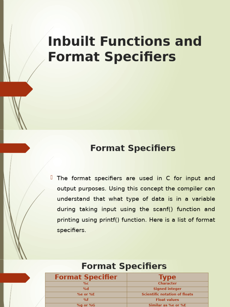 Inbuilt Functions and Format Specifiers | PDF | Integer (Computer Science) | Computer Programming