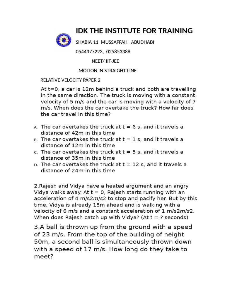 Motion in Straight Line Relative Velocity in Medium | PDF | Speed ...