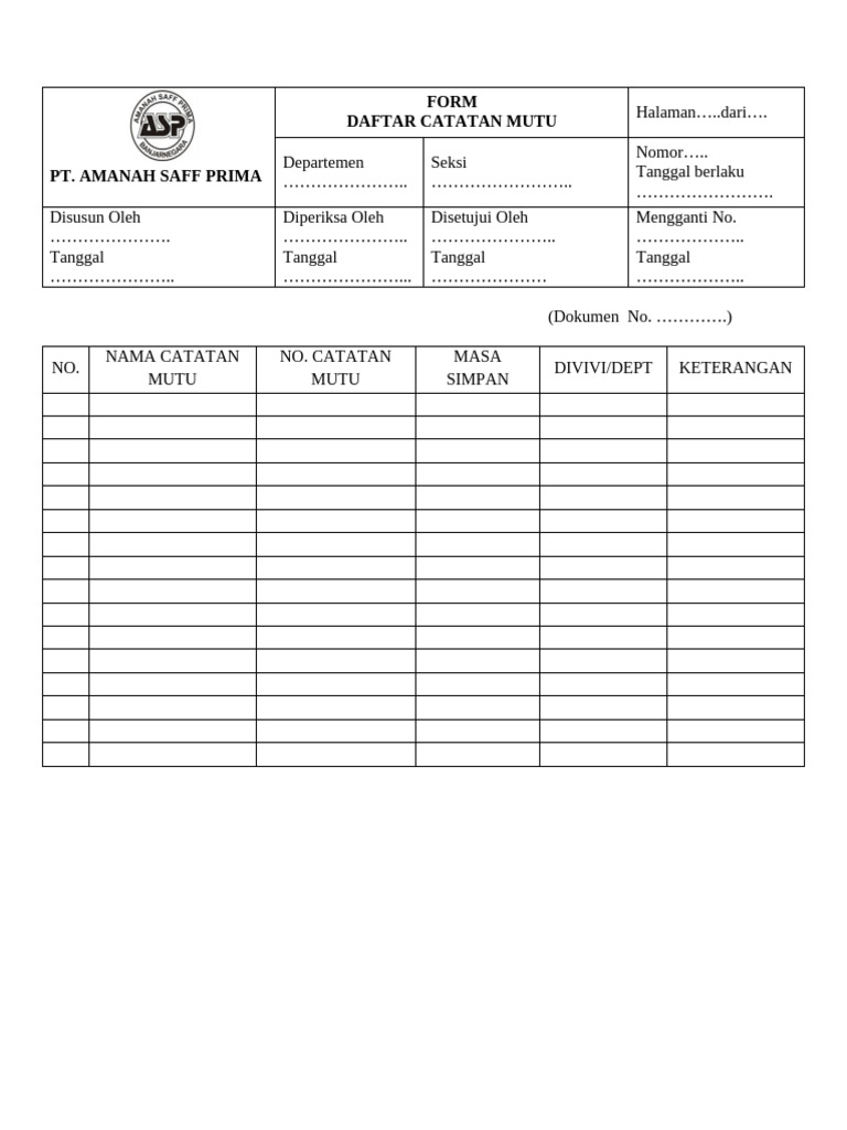 Form Daftar Catatan Mutu | PDF