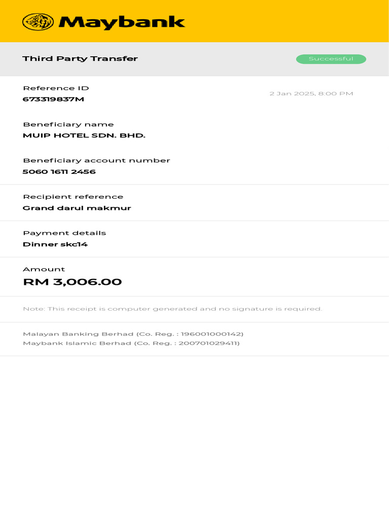 Successful Transfer to MUIP Hotel | PDF