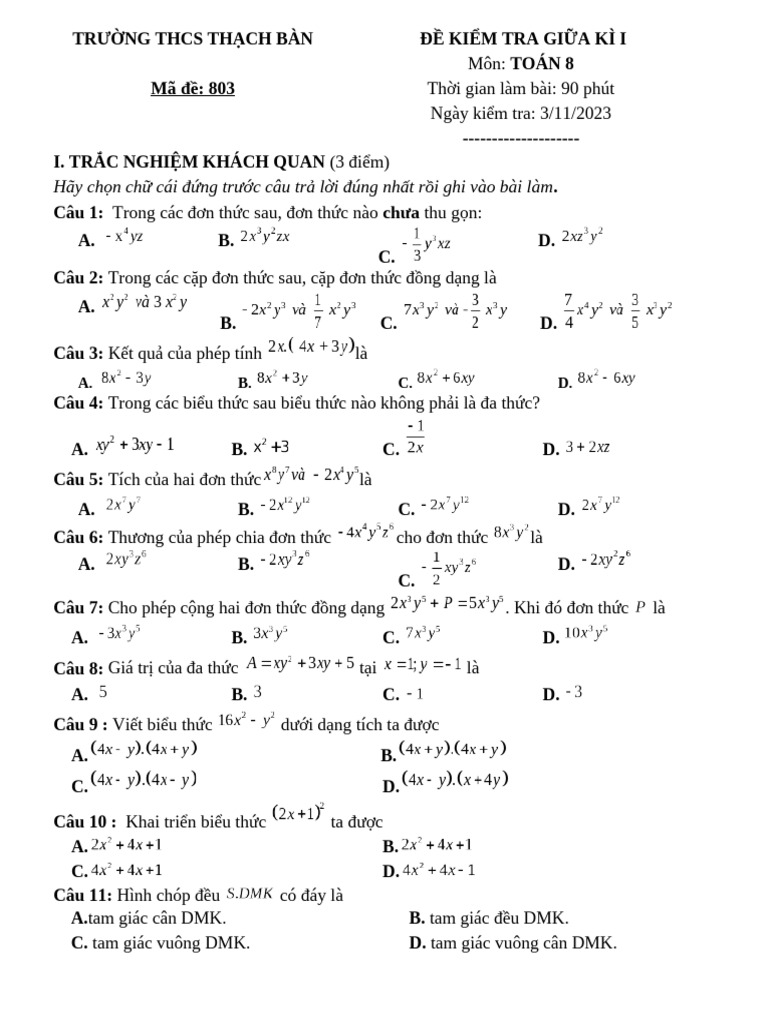 De 3 dggk1 Toan 8 23 24 - 14112023 | PDF