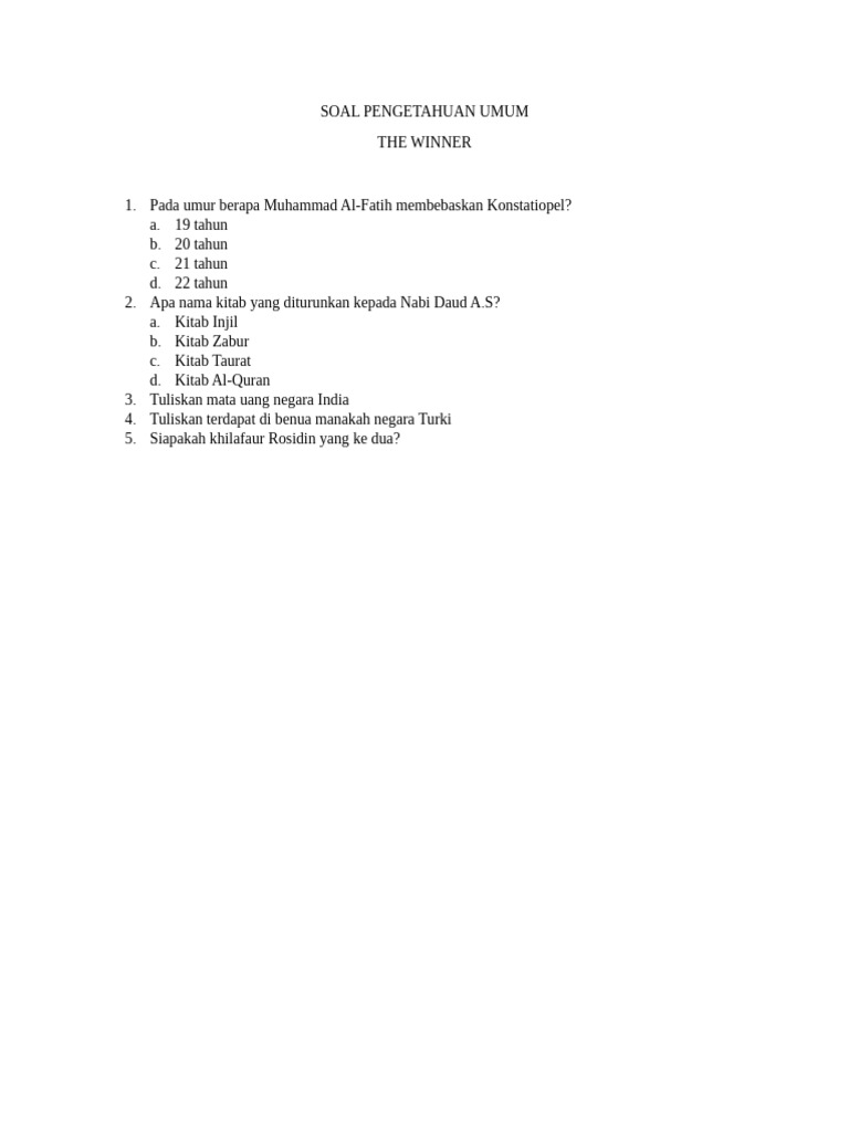 Soal Pengetahuan Umum The Winner | PDF