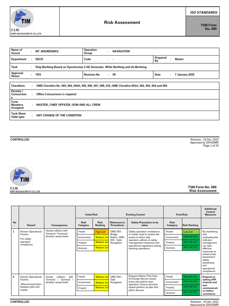 Revised TSM Form 089 - Risk Assessment Ship Berthing Based On Synchronize 2 AE Generator. While ...