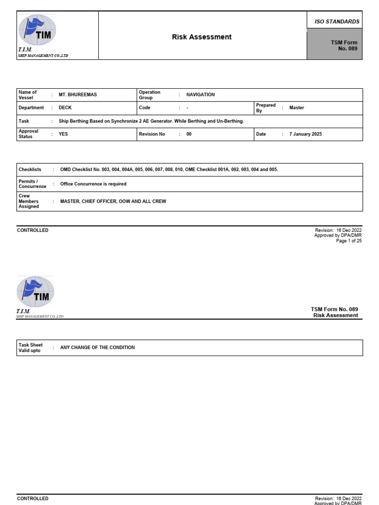 Revised TSM Form 089 - Risk Assessment Ship Berthing Based On Synchronize 2 AE Generator. While ...