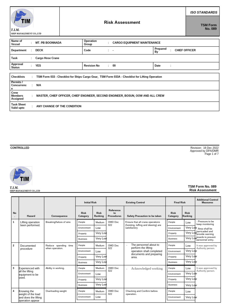 TSM Form 089 - Risk Assessment Cargo Hose Crane | PDF | Risk | Risk Assessment