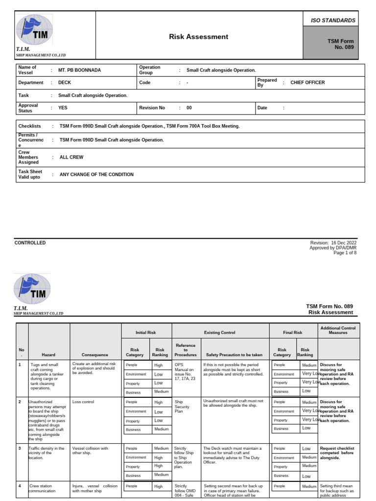 TSM Form 089 - Risk Assessment Small Craft Alongside | PDF | Risk | Risk Assessment