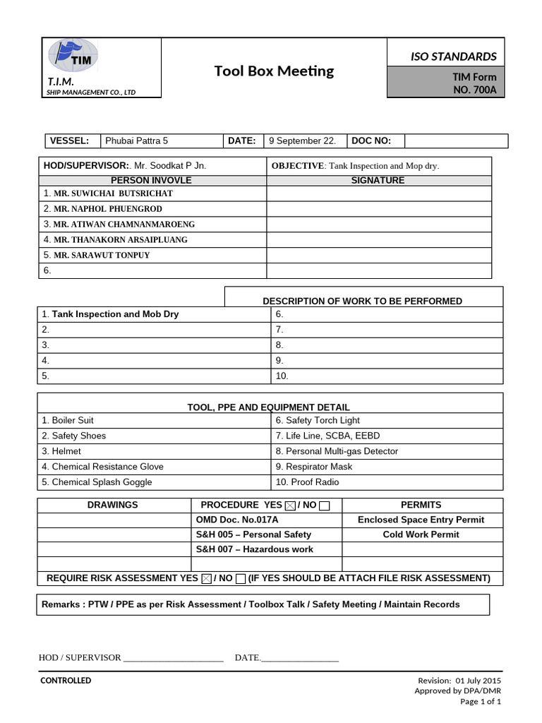 TSM Form 700A - Tool Box - Mopping COT | PDF | Personal Protective ...