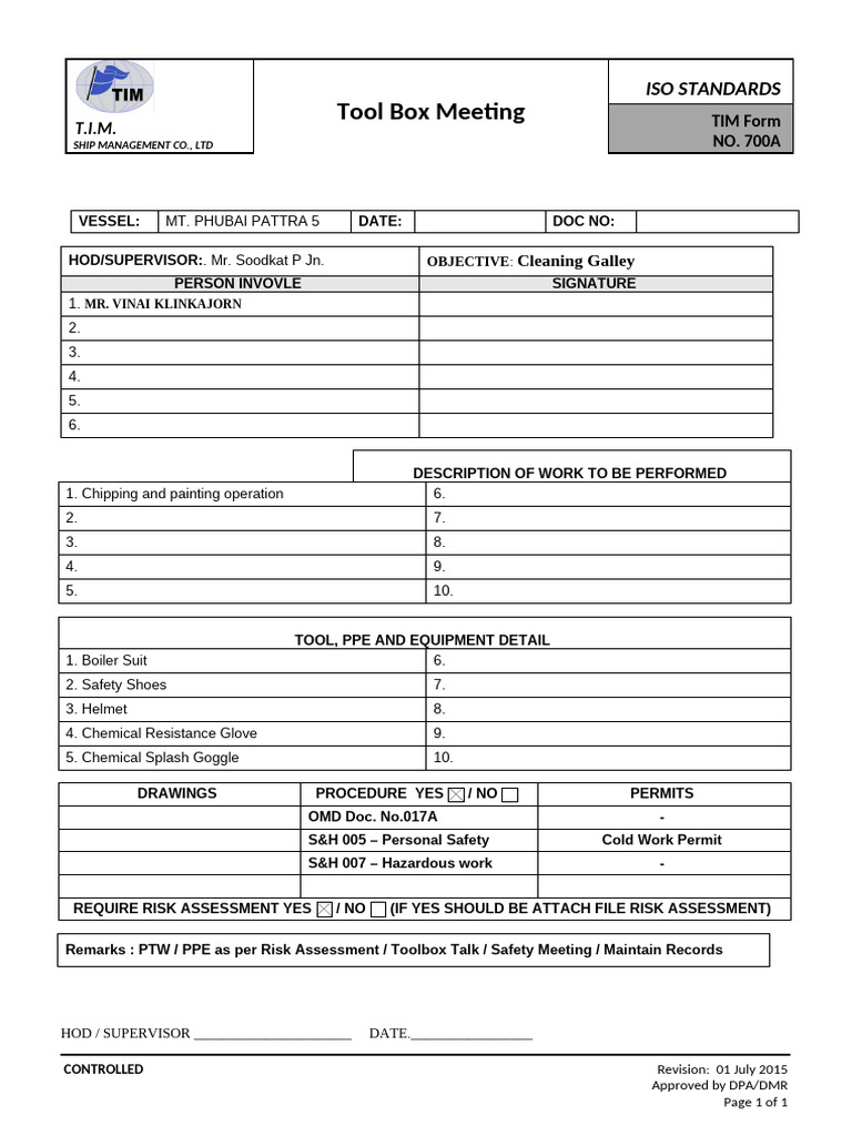TSM Form 700A - Tool Box - Cleaning galley | PDF