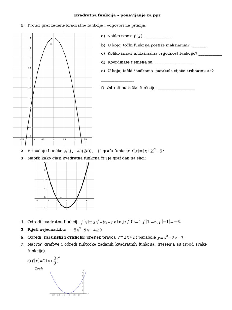 Graf Kvadratne Funkcije - Ponavljanje | PDF