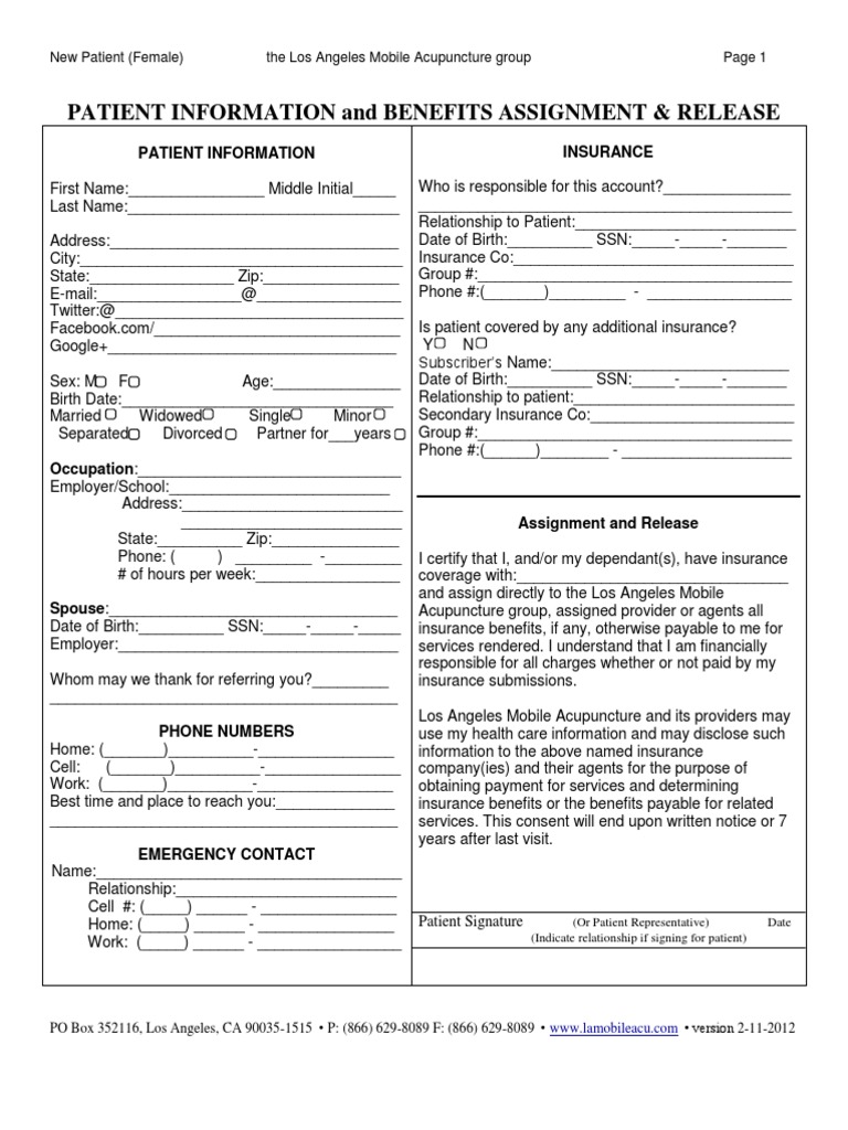 Patient Information and Benefits Assignment & Release | Download Free ...
