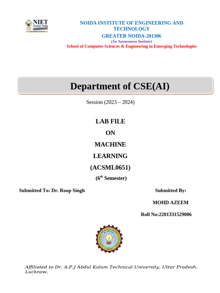 ML LAB MANUAL (ACSML0651) - DR Roop Singh | PDF | Machine Learning ...