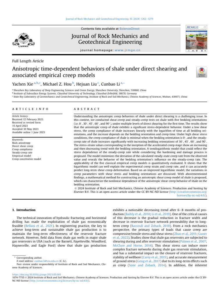 Anisotropic time-dependent behaviors of shale under direct shearing and associated empirical ...