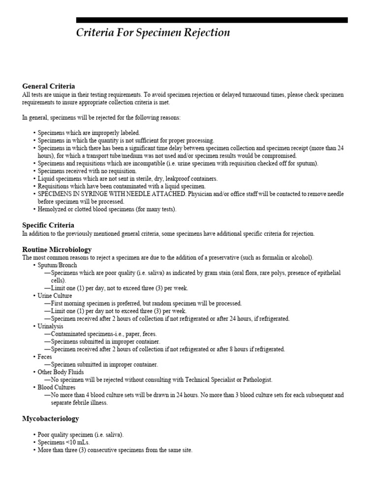Specimen Rejection Criteria Guide | PDF | Body Fluids | Medicine