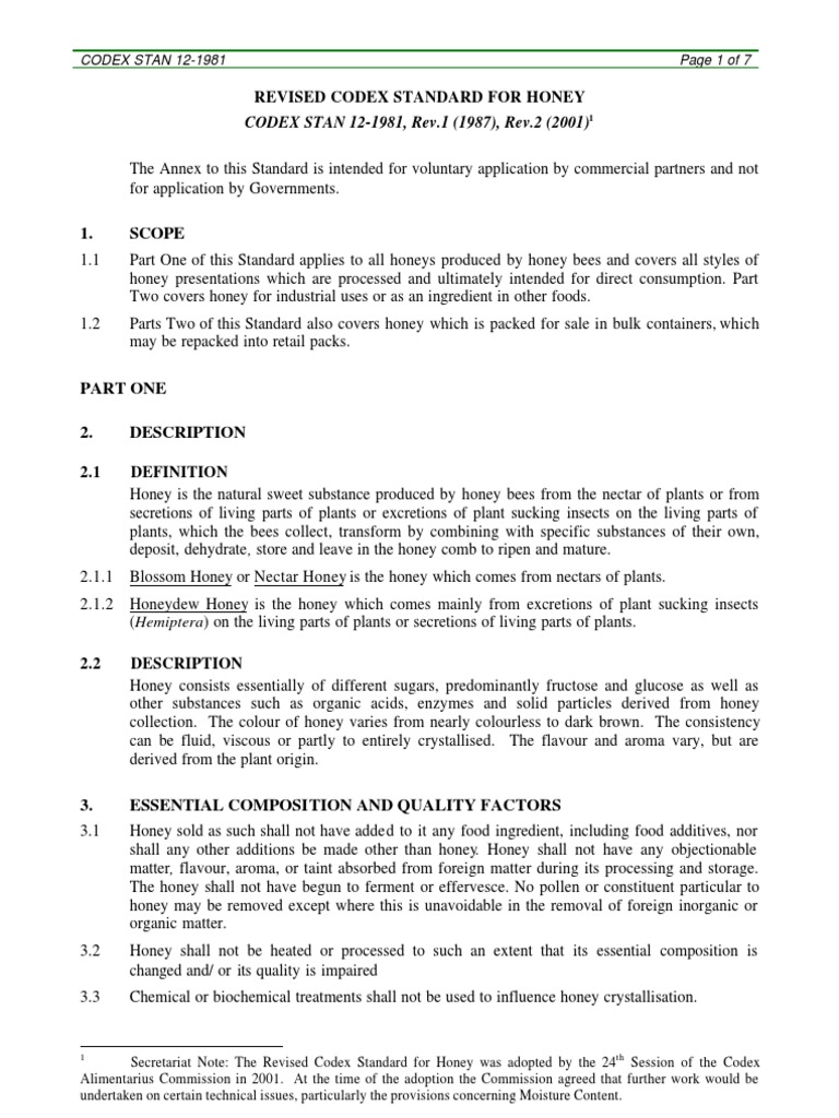 Revised Codex Standard for Honey | PDF | Honey | Sugar