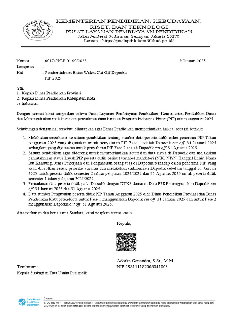 Batas Waktu Cut Off Dapodik PIP 2025 | PDF