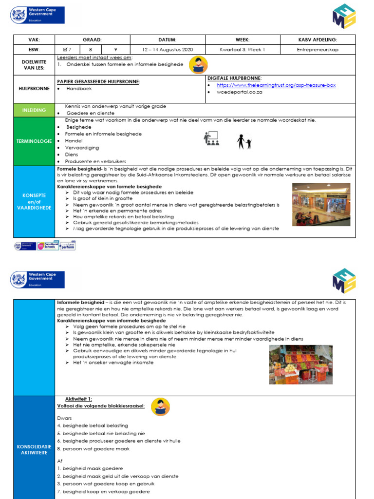 Lesplan AOO SF Graad 7 EBW Kwartaal 3 Week 1 | PDF