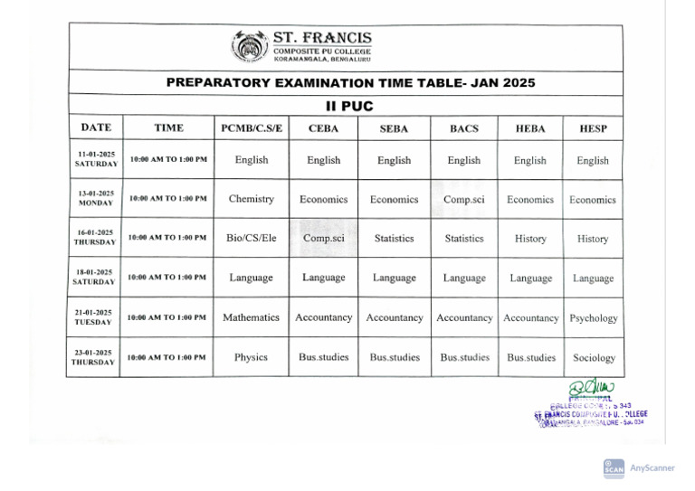 II Puc Preparatory Time Table Jan - 2025 | PDF