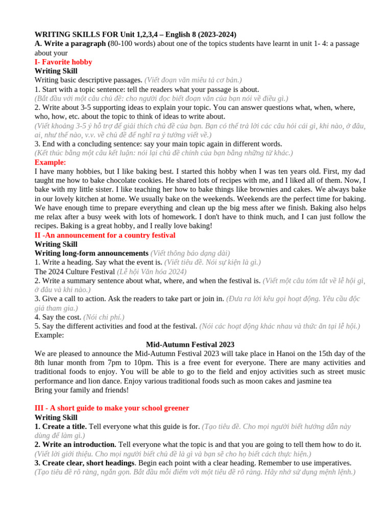 WRITING- UNIT 1.2.3.4 lop 8 | PDF