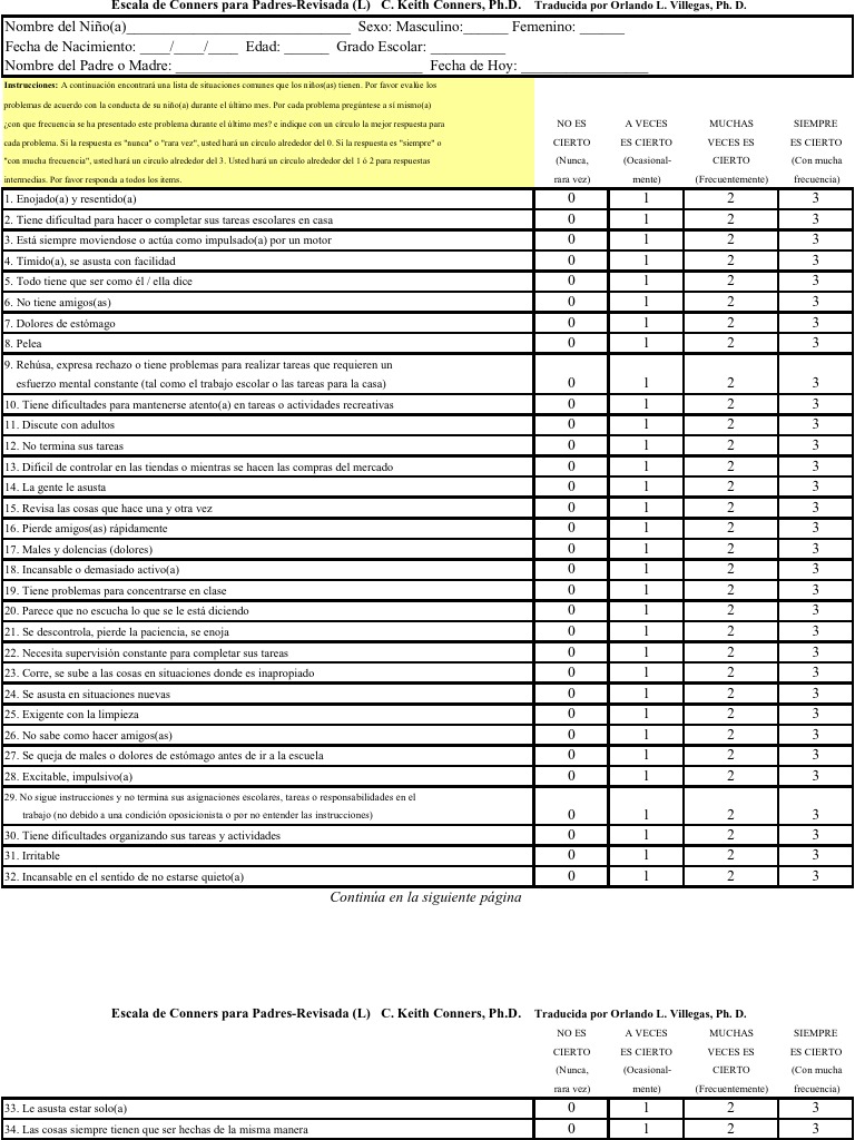 Escala de Conners C. Keith Conners, Ph.D. Traducida por Orlando L ...
