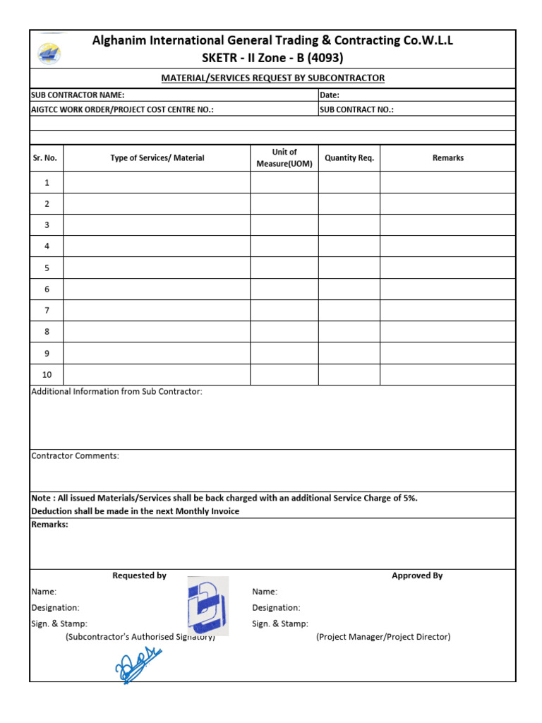 Subcontractor Material Request Form | PDF