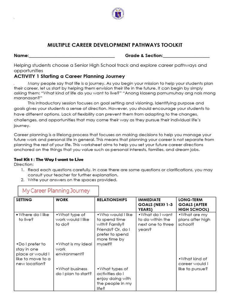 Editable CAREER GUIDANCE GRADE 10 MULTIPLE CAREER DEVELOPMENT PATHWAYS TOOLKIT | PDF | Goal ...