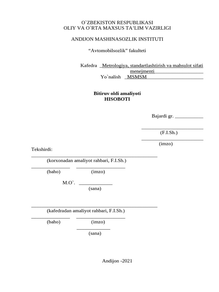 Bitiruv oldi amaliyoti hisoboti shabloni | PDF