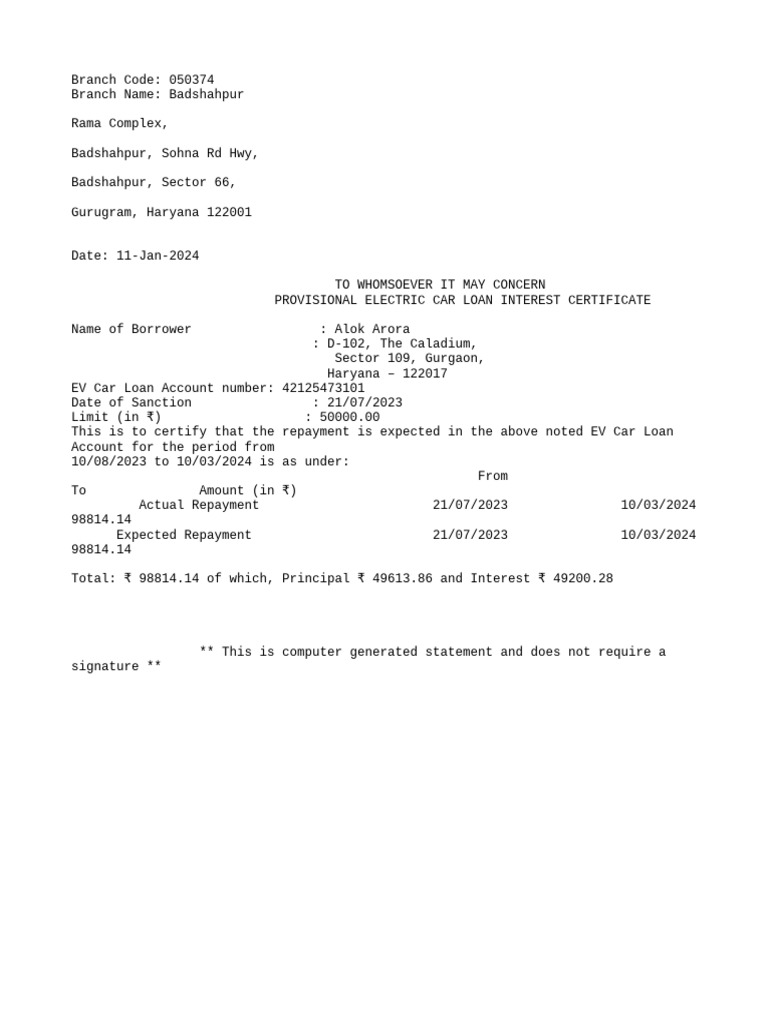 Provisional EV Car Loan Interest Certificate | PDF