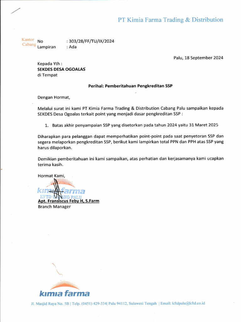 Surat Pemberitahuan Pengkreditan SSP Desa Ogoalas | PDF