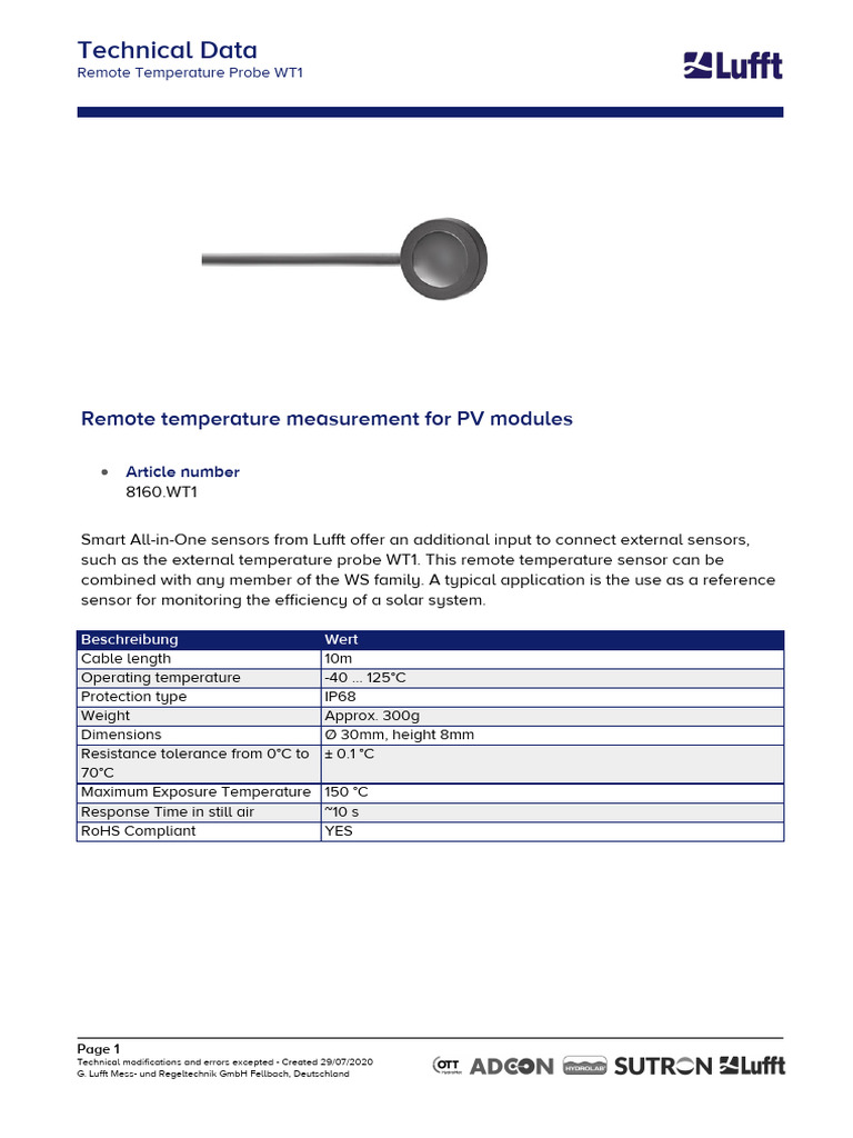 Sr. No 7 Lufft Remote Temperature Probe WT1 | PDF