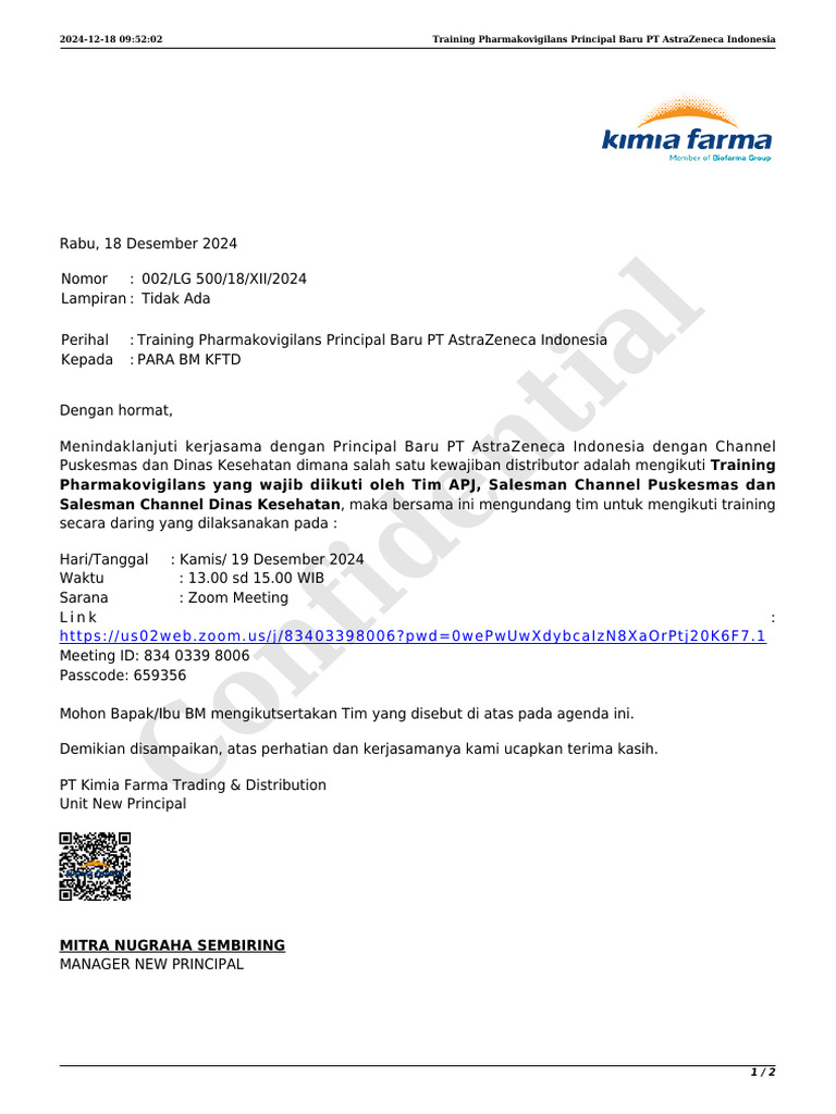 Training Pharmakovigilans Principal Baru PT AstraZeneca Indonesia | PDF