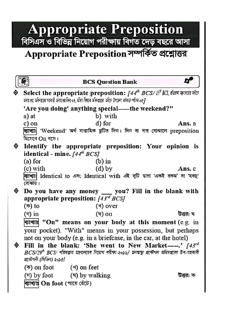 Preposition(Previous Years) | PDF