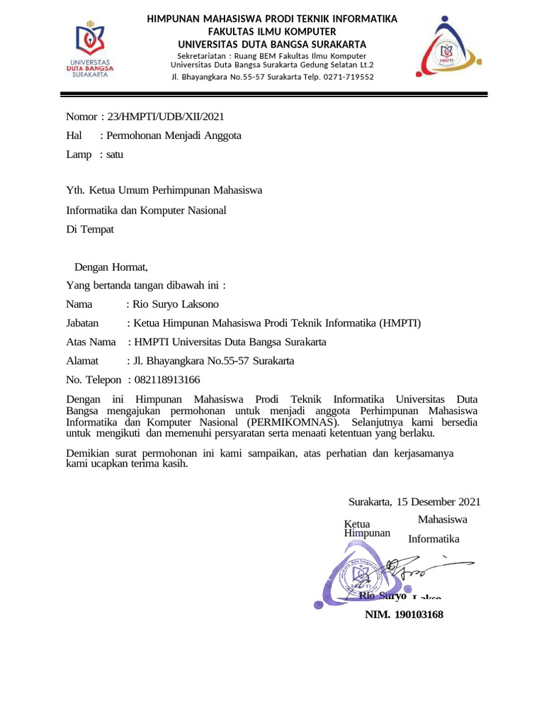 Surat Permohonan Anggota HMPTI UDB | PDF