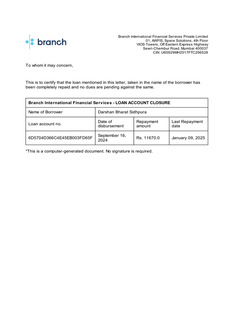 Loan Account Closure Certificate | PDF