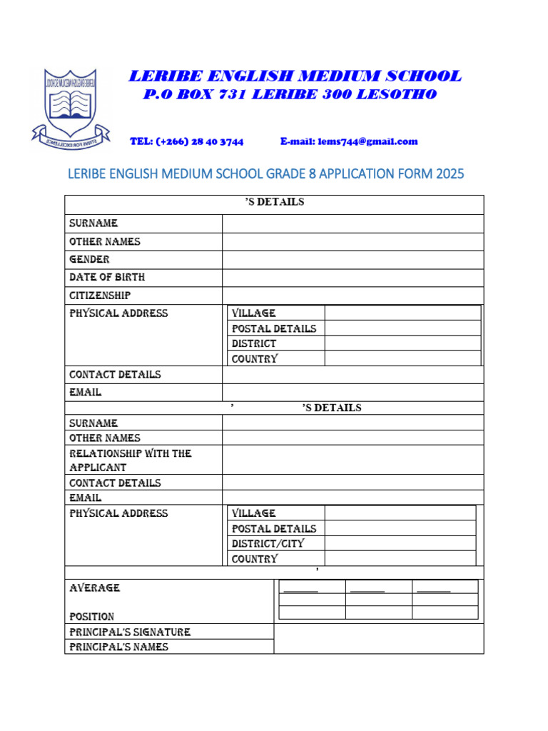 Grade 8 Application Form | PDF