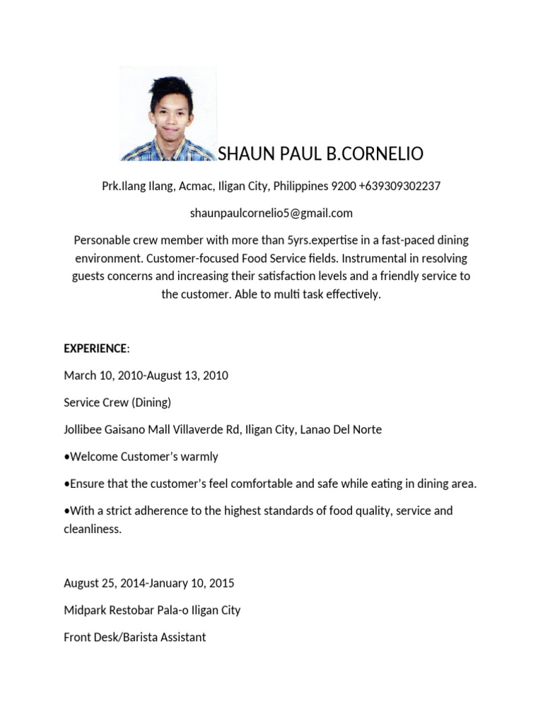 SHAUN PAUL B Resume Final.. | PDF | Menu | Restaurants