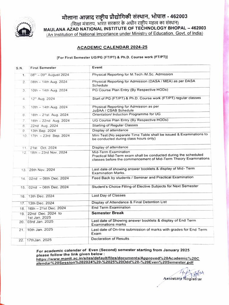 MANIT Bhopal Academic Calendar 2024-25 | PDF | Academic Term | Educational Stages