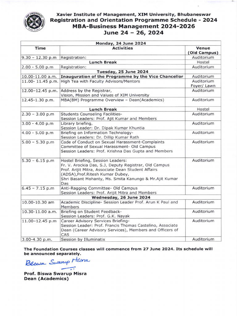 Registration, Inauguration and Orientation Programme-2024 | PDF | Universities And Colleges