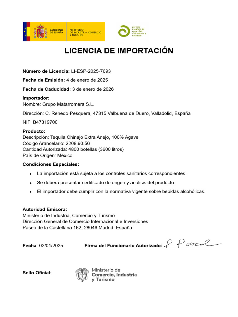 Licencia de Importación Tequila 2025 | PDF
