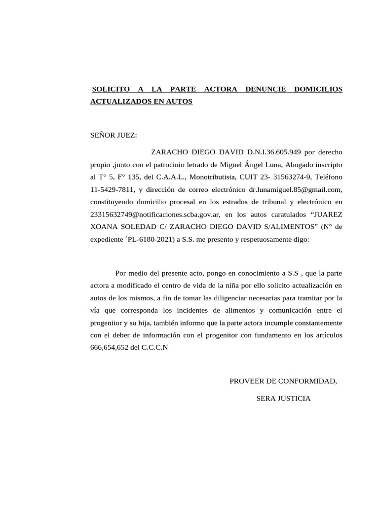 Solicito A La Parte Actora Denuncie Domicilios (Familia Modelo) | PDF
