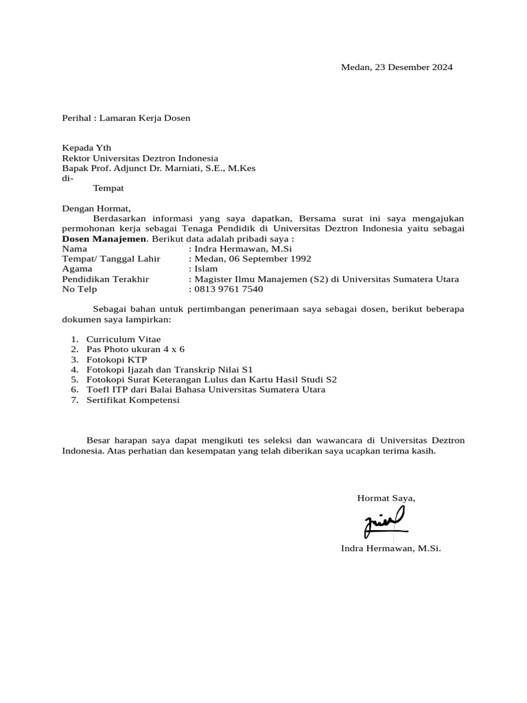 Lamaran Universitas Deztron Indonesia | PDF