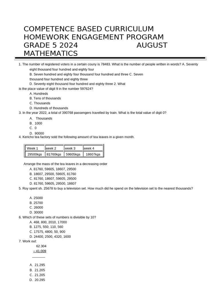 G5 Mathematics August Homework | PDF