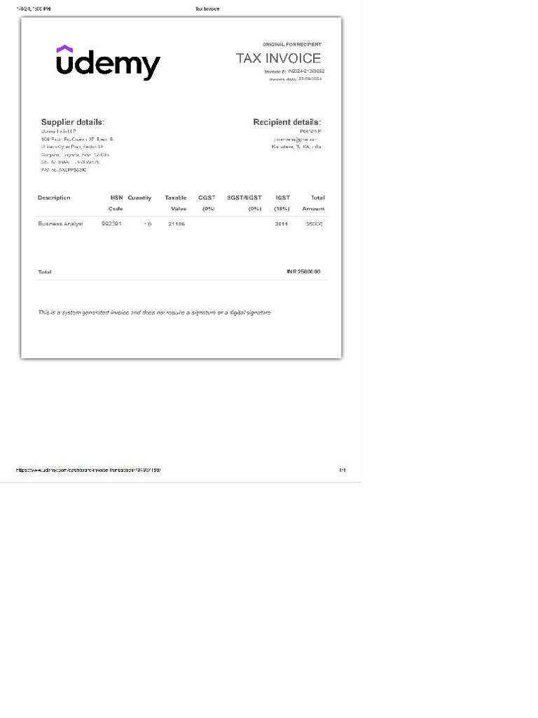 Udemy Invoice | PDF